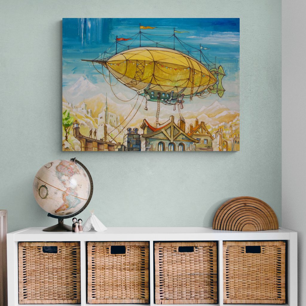 Cepelin, zračni brod, stari grad, bajka, ilustracija - Ziriz - Canvas shop